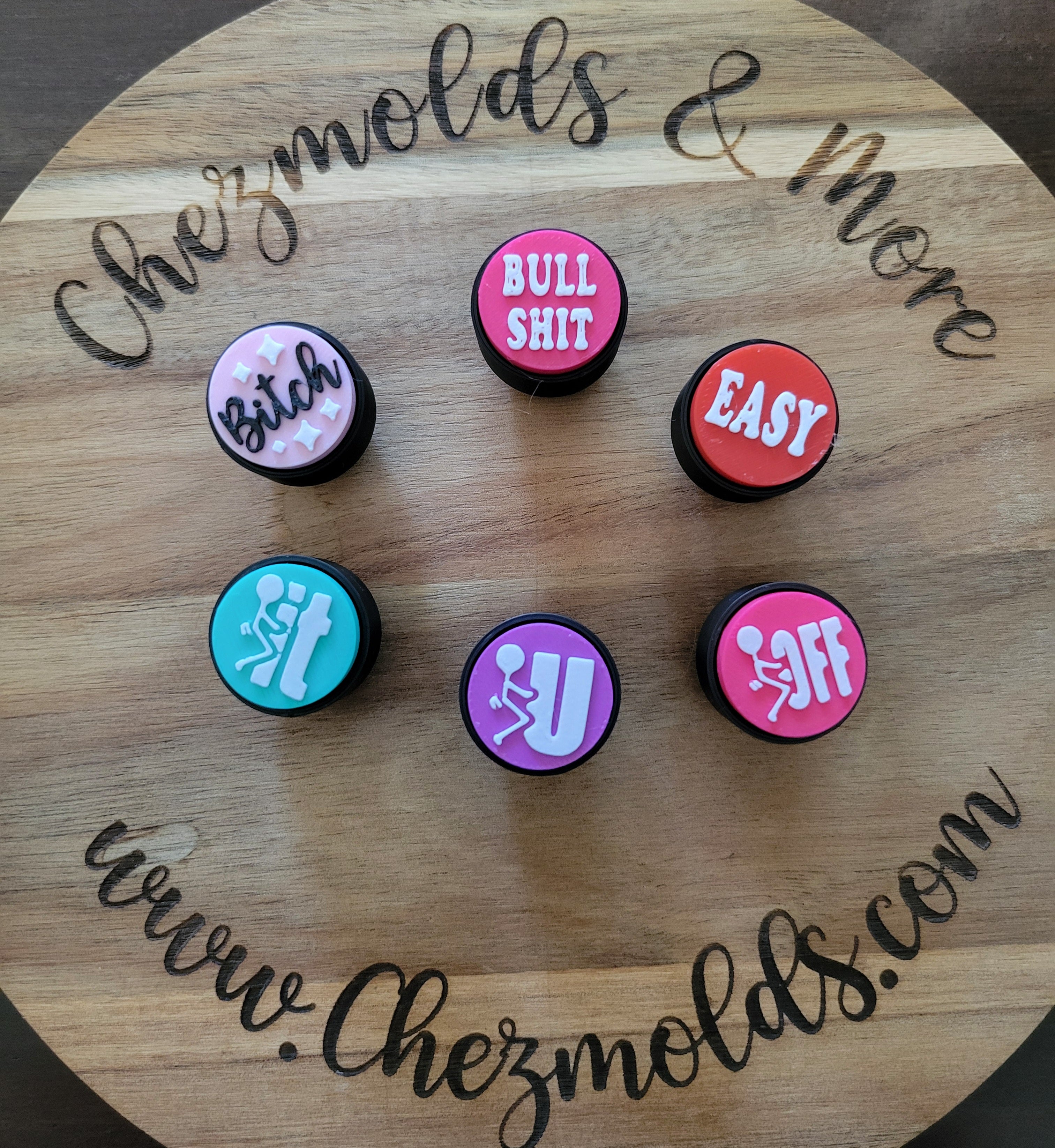 CE 3d printed Clicky button- focal Bead- white writing – ChezMolds & More